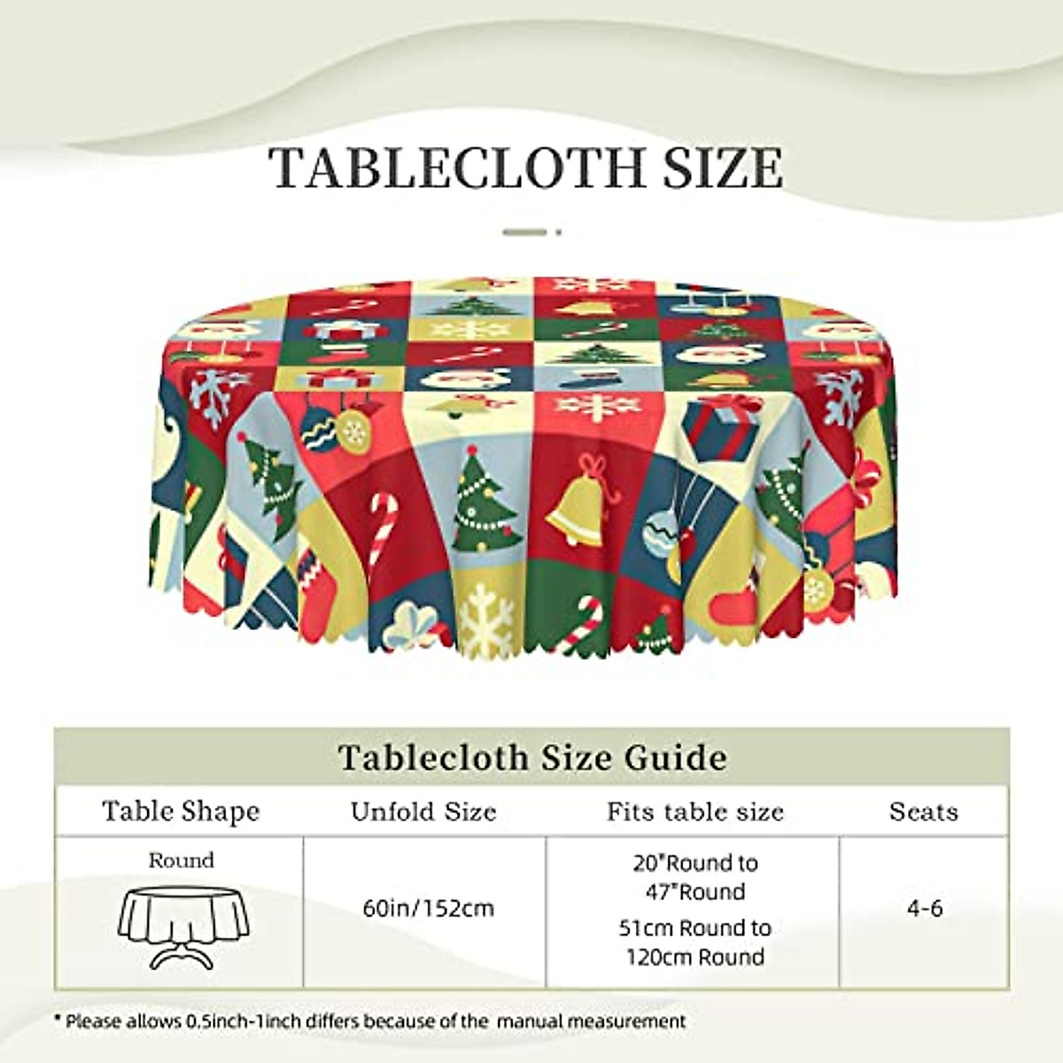 Elightvap Christmas Round Tablecloth 60 Inch, Polyester Lace Tablecloth,Stain Resistance, Water Repellent and Wrinkle-Free for Party Dinning Tabletop Wedding Home Deco