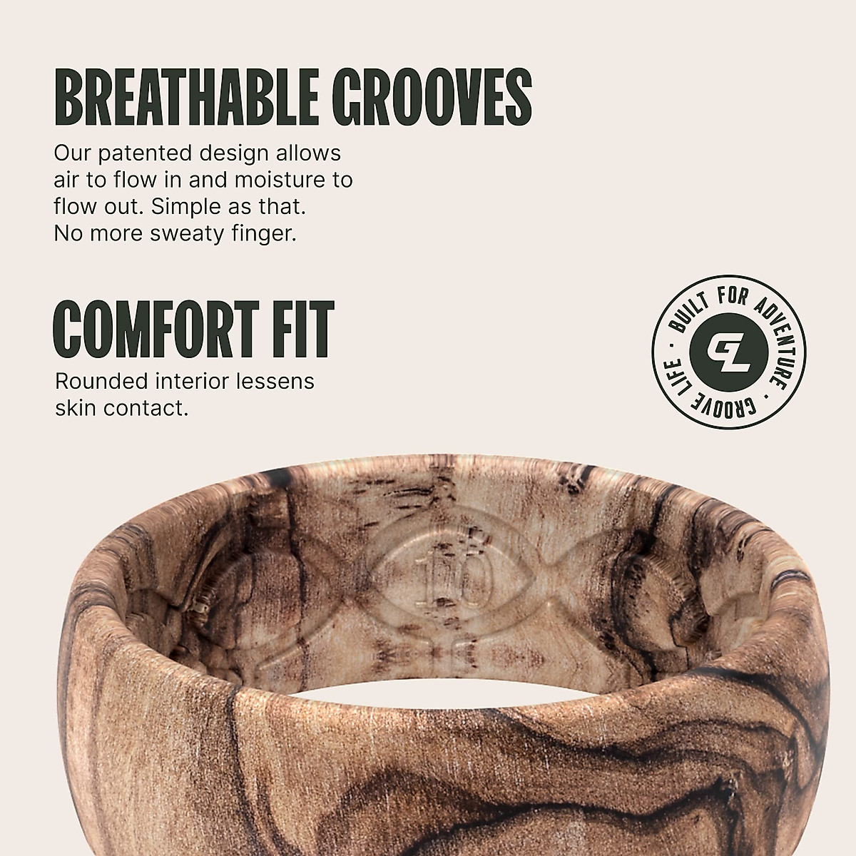 Groove Life Nomad Burled Walnut Silicone Ring Breathable Rubber Wedding Rings for Men, Lifetime Coverage, Unique Design, Comfort Fit Ring - Size 11