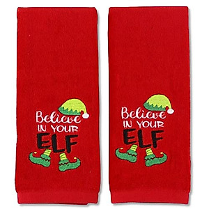 Christmas Fingertip Towels: Plush Velour Cotton Embroidered Believe in Your Elf on Red, Set of 2