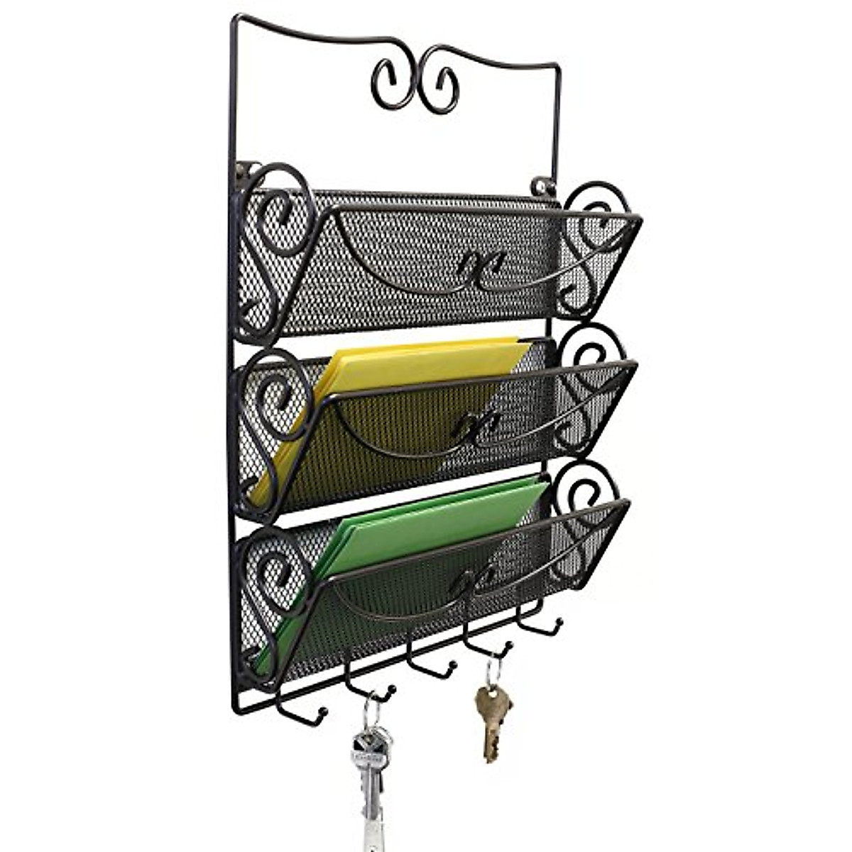 DecoBros Wall Mount 3 Tier Letter Rack Organizer w/ Key Holder, Bronze