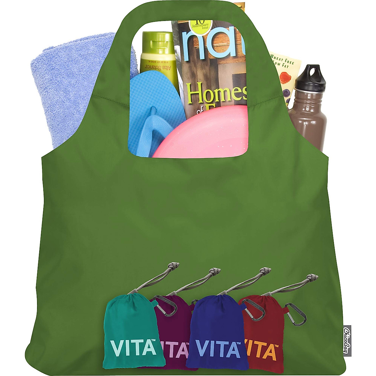 ChicoBag VITA Reusable Shopping Bag with Attached Pouch and Carabiner Clip, Compact, Designer Shoulder Tote, Pale Green