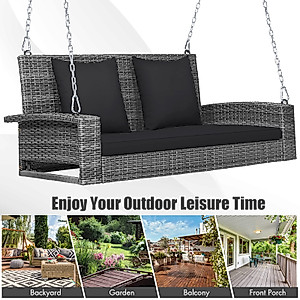 RELAX4LIFE 2-Person Porch Swing Bench - PE Rattan Outdoor Swing Chair with Comfortable Seat & Back Cushions, Rustproof Metal Chains, Patio Loveseat Swing for Balcony, Garden, Yard, 800 LBS (Black)