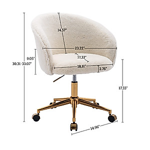 White Modern Faux Fur Home Office Chair, Upholstered Round Fluffy Chair Makeup Vanity Chair for Teen Girls Swivel Desk Chair with Gold Base, 3'' Adjustable Height Leisure Elegant Office Chair