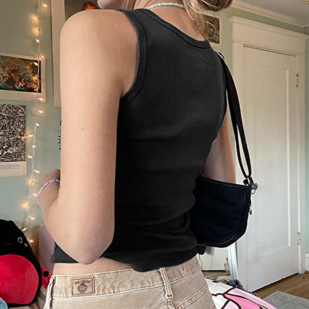 Meladyan Women Heart Rhinestone Graphic Print Sleeveless Crop Tank Ribbed Fairy Grunge 90s E-Girl Goth Vest Shirt Top Small