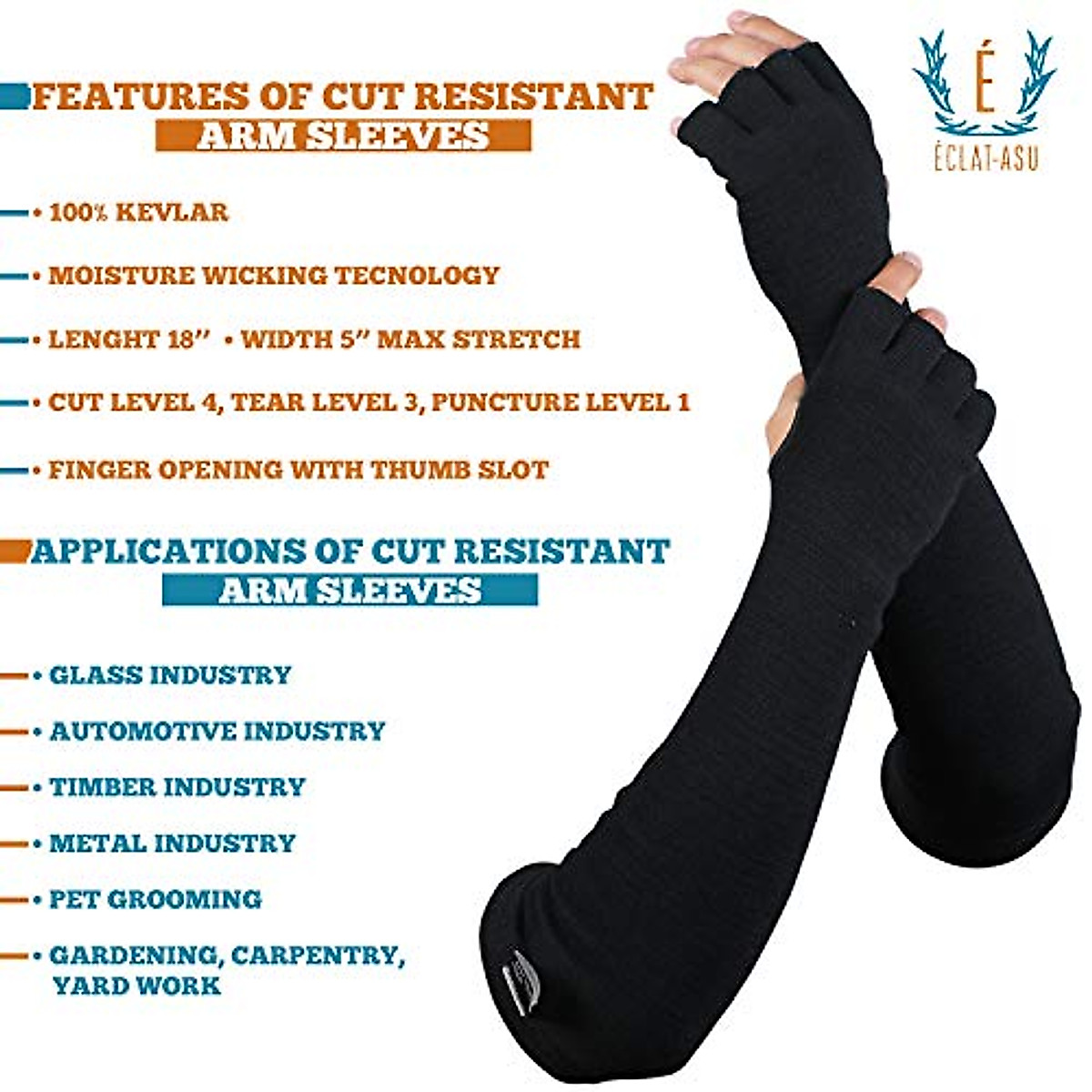 100% Kevlar Protective Sleeves- Anti Heat Scratch & Cut Resistant Arm Sleeve with Finger Opening- Safety Sleeves for Arms- Long Arm Guard Protector for Work Welding- Bite Proof- 18 Inches Black 1 Pair