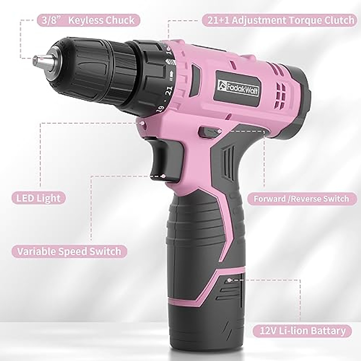 FADAKWALT Cordless Drill Set,12V Power Drill Set with Battery and Charger, compact Driver/Drill Bits, 3/8'' Keyless Chuck,21+1 Torque Setting, 180 inch-lbs, with LED Electric Drill Set（pale Pink）