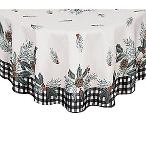 Lintex Festive Berry Black Plaid Country Rustic Bordered Christmas Tablecloth, Cottage Check and Holly Bordered Xmas and Holiday Print Easy Care Fabric Tablecloth, 70 Inch Round