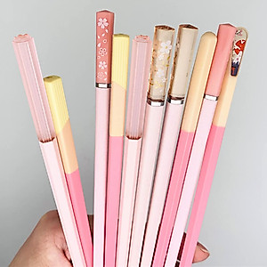 5 Pairs Fiberglass Reusable Chopsticks, Non-Slip,Chopsticks Set for Sushi, Ramen,Dumpling, Asian Cuisine,Noodles, Bento box,Chinese Japanese Korean Chopsticks, Pink
