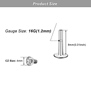 CrazyPiercing 10Pcs 16G Lip Rings 6mm 8mm 10mm Labret Monroe Lip Ring Stainless Steel Nose Studs Piercing Internally Threaded Piercing Jewelry with 4mm CZ (8)