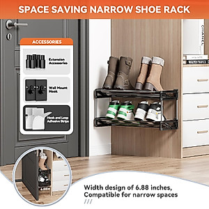 DEYILIAN Small Shoe Rack, 2 Tier Narrow Shoe Rack with Hook and Loop Sticky Adhesive Strips Wall Mounted Shoe Rack, Slim Shoe Rack Space Saving Design Behind the Door Wall Shoe Organizer for RV Closet