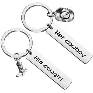 FEELMEM Western Texas Cowgirl Cowboy Hat Boot Keychain Set Her Cowboy His Cowgirl Couple Keychains Matching Set Valentines Day Boyfriend Gift Girlfriend Gift (Silver)