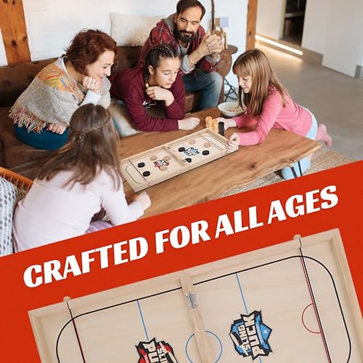 Crazy Games Fun Games XL Sling Puck Table Board Game I 24" Open 12" Closed Wooden Family Indoor Two Player, Table Games For Family - Top Hockey for Adults & Kids, Competitive Parties So Puck It Is Fun