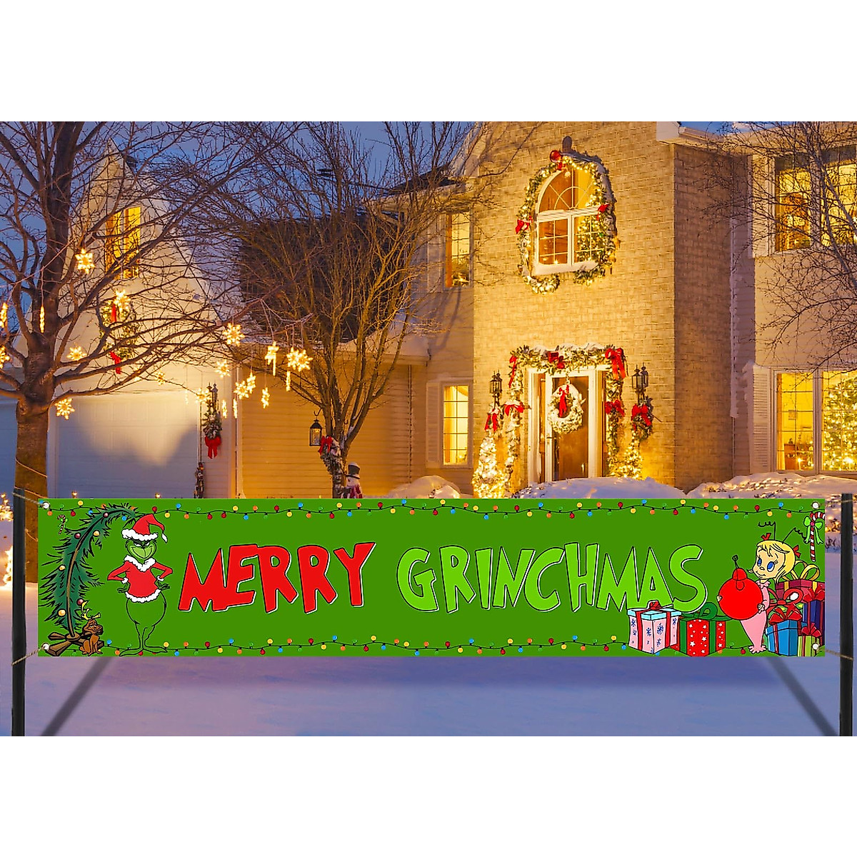 Nepnuser Green Christmas Fence Banner Winter Holiday Party Decoration Xmas Large Home Garden Outdoor Yard Hanging Sign Decor-1.6 * 8.2ft (Green-A)