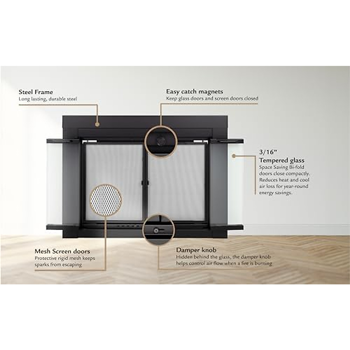 Pleasant Hearth AT-1002 Ascot Fireplace Glass Door, Black, Large