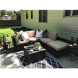 SUNCROWN 4-Piece Patio Furniture Set 83" x 81" Outdoor Sectional Sofa, 5 Seats Rattan Wicker Conversation Sets with Ottoman, Glass Coffee Table and Washable Cushions - Beige