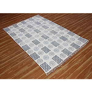 Casavani Hand Block Printed Rug Abstract Blue & Beige Tassel Rug Easy Care Washable Rugs for Doormat Entryway Living Room Bedroom Hallway Balcony 2.6x8 Feet Runner