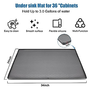 Under Sink Mat Tray,34" x 22" Silicone Under Sink Mat for Kitchen Cabinet,Waterproof Shelf Liner with Drain Hole,Kitchen Bathroom Cabinet Mat for Leaks, Drips, Spills (Grey)