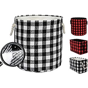 Round Collapsible Storage Organizer Bins Buffalo Checked Baskets with Woolen Fabric Kid's Pet's Toys and Accessory Storage Bins for Home Decor, White Black Grid, M