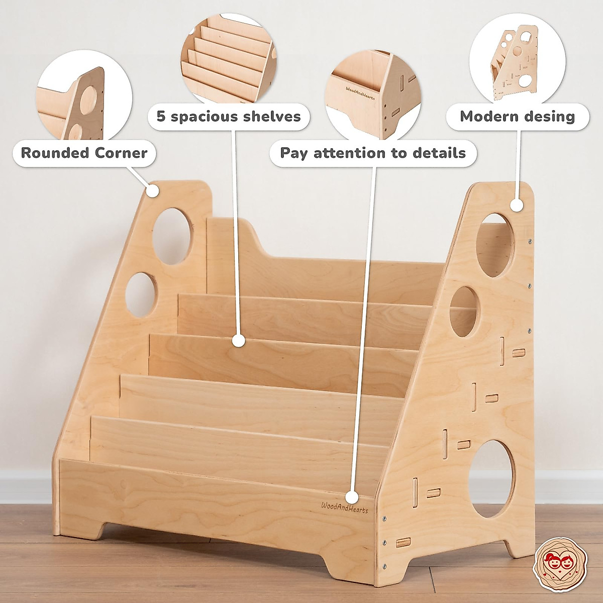 WoodandHearts Kids' Bookcases, Cabinets & Shelves, Nursery bookshelf, Childrens bookshelf, Bookshelf for kids, Montessori Shelf, Preschool Bookshelf, Montessori furniture for 1 year old (Kristi)