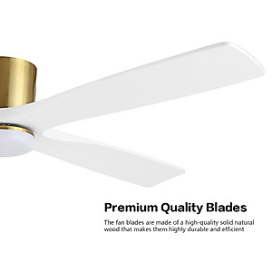 WINGBO 60 Inch Flush Mount DC Ceiling Fan with Lights and Remote, 4 Reversible Carved Wood Blades, 6-Speed Noiseless DC Motor, Hugger Ceiling Fan in Brass Finish with White Blades, ETL Listed