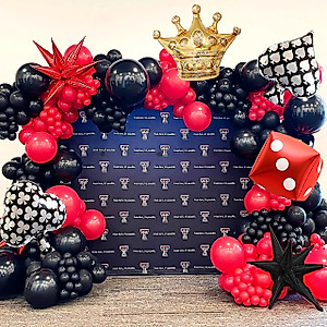 Oynearo Casino Theme Red Black Gold Balloon Garland Arch kit With Starburst Dice Crown Balloons for Casino Royale Birthday Celebration Graduation Las Vegas Night Theme Poker Events Party Decoration