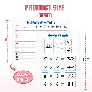 10 Pack Multiplication Chart Whiteboard Card - Double-Sided 9" x 12" Dry Erase Board, Math Manipulatives White Board for Kids Students, Classroom and Home Learning，Small White Board Card Dry Erase