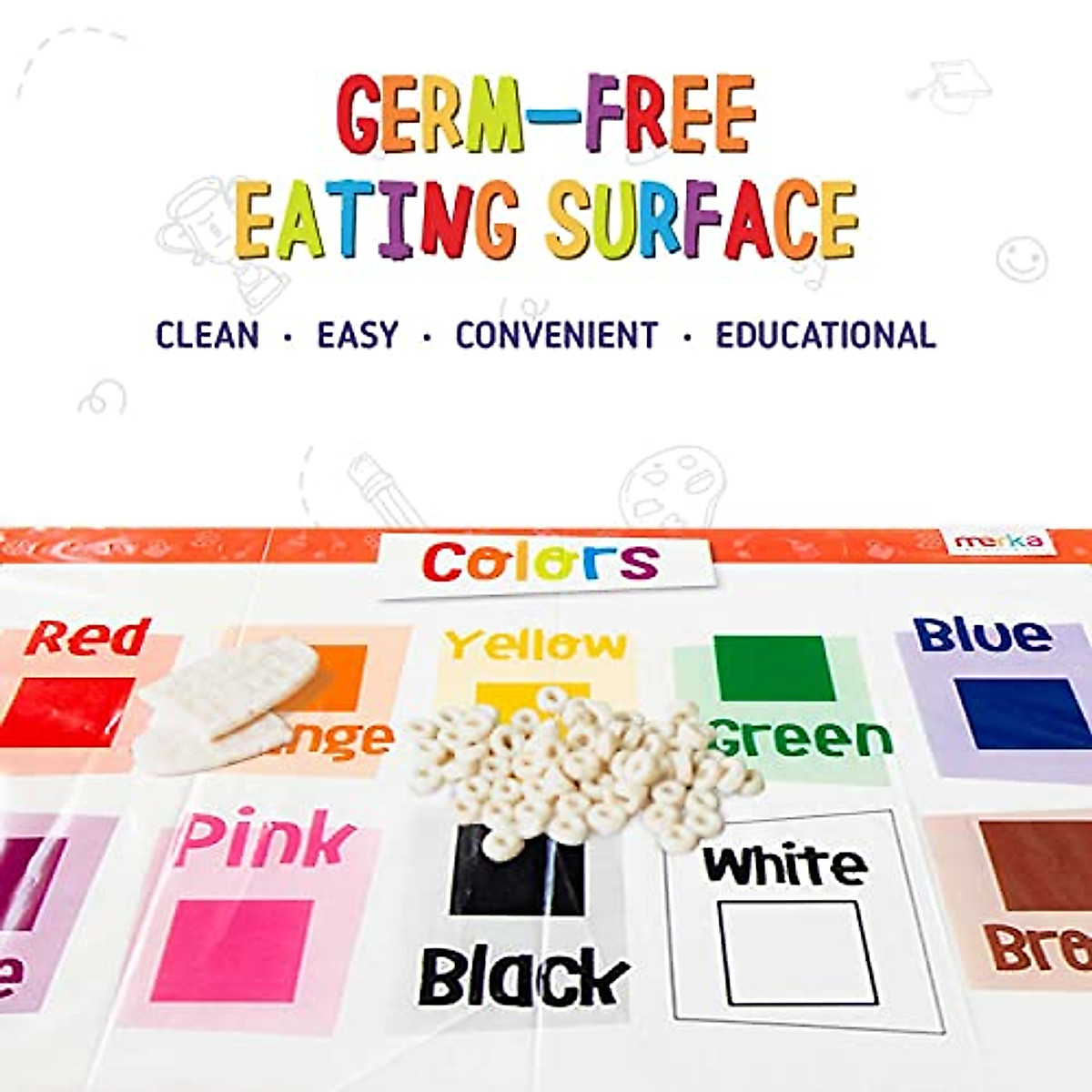 merka Disposable Placemats for Baby and Toddlers 12" x 18", 40 Pack Stick-on Table Mats for Restaurants, Includes Shapes, Numbers, Letter & Colors