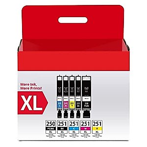PGI-250XL CLI-251XL 5 Color Value Pack, Compatible for Canon 250 251 Ink Cartridges use with PIXMA MX922, MG5420, MG5520, MG5522, MG6320, MG6620, iP7220 (PGBK, Black, Cyan, Magenta, Yellow)