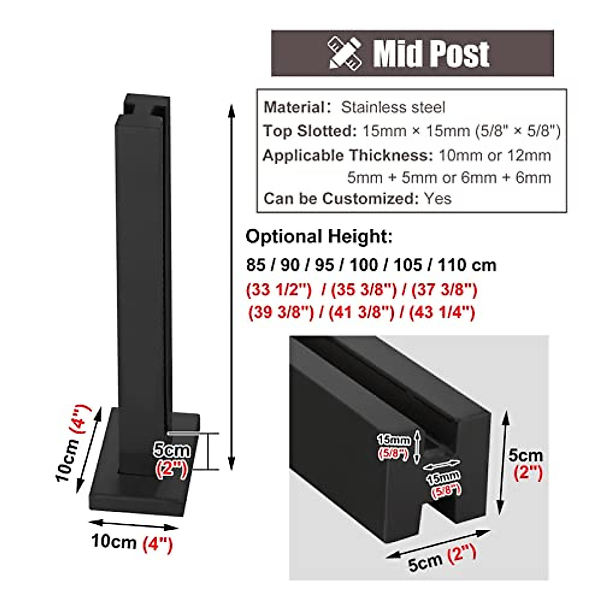 ZIMGOD Metal Glass Railing Post Kit, Black Glass Balustrade System, Vertical Glass Panel Post for Internal/External/Loft/Villa, Custom Size (Color : Mid Post, Size : 95cm/37.4")