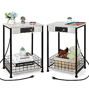 Vrisa Nightstands Set of 2 with Charging Station Small Bedside Tables with Storage Basket Farmhouse Night Stand with USB Ports and Outlets for Bedroom Living Room Home Decor Gray White