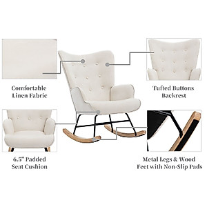 Accent Rocking Chair with Ottoman, Modern Tufted Button Wingback Glider Rocker Armchair with Solid Wood Legs, Beige