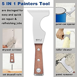 CHILI TOOLS Stainless Steel 5 in 1 Painters Tool with Wood Handle and Metal Hammer End, Made in Taiwan | Spackle Caulk Remover | Roller Cleaner | Putty Knife | Wallpaper Scraper | Can Bottle Opener