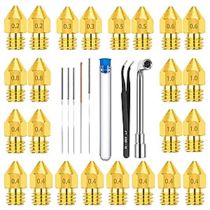 24Pcs MK8 3D Printer Nozzles Extruder nozzles Kit 0.4mm,0.2mm,0.3mm,0.5mm,0.6mm,0.8mm,1.0mm Brass Nozzles with 5Pcs Stainless Steel Cleaning Needle for for Creality CR-10, Ender 3/ pro/v2/5, Prusa i3