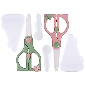 Baby Food Scissors Kicthen Shears -2Pack Portable Healthy Cute Kids Ceramic Scissors with Safety Lock and Storage Travel Case - Ideal for Cutting Meat, Chicken, Vegetables, and Fruits (Pink+Green)