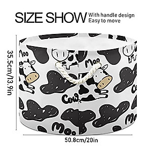 Round Storage Basket Bin Cute Doodle Cow Collapsible Waterproof Laundry Hamper Baby Nursery Basket Organizer with Handles for Bedroom Closet Toys Gifts