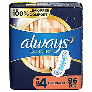 Always Ultra Thin Overnight Pads with Wings, Size 4, Overnight, 96 Count