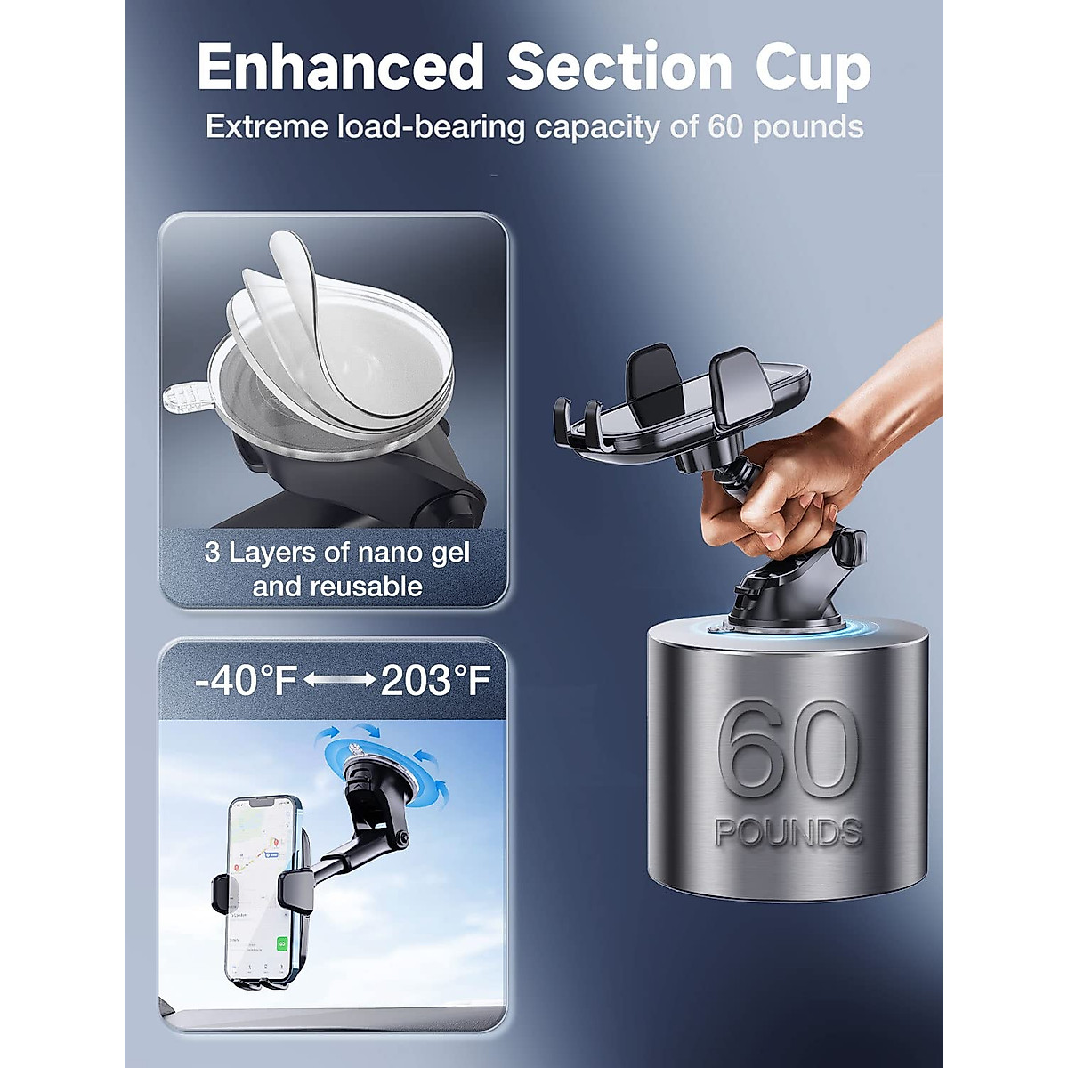 SMORFIT Phone-Mount, Dashboard/Windshield/Window Universal Suction Cup Cell Phone/iPhone Holder with Sticky Pad for Car/Truck, Mobile Phone Telescopic Arm Mount Handsfree Stand