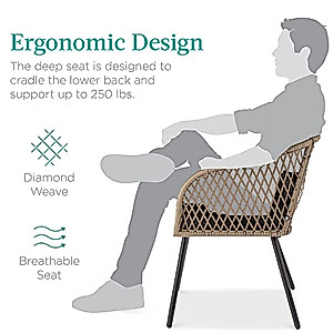 Best Choice Products 3-Piece Outdoor Wicker Bistro Set, Patio Dining Conversation Furniture for Backyard, Balcony, Porch w/Diamond Weave Design, Tempered Glass Side Table, 2 Chairs - Black