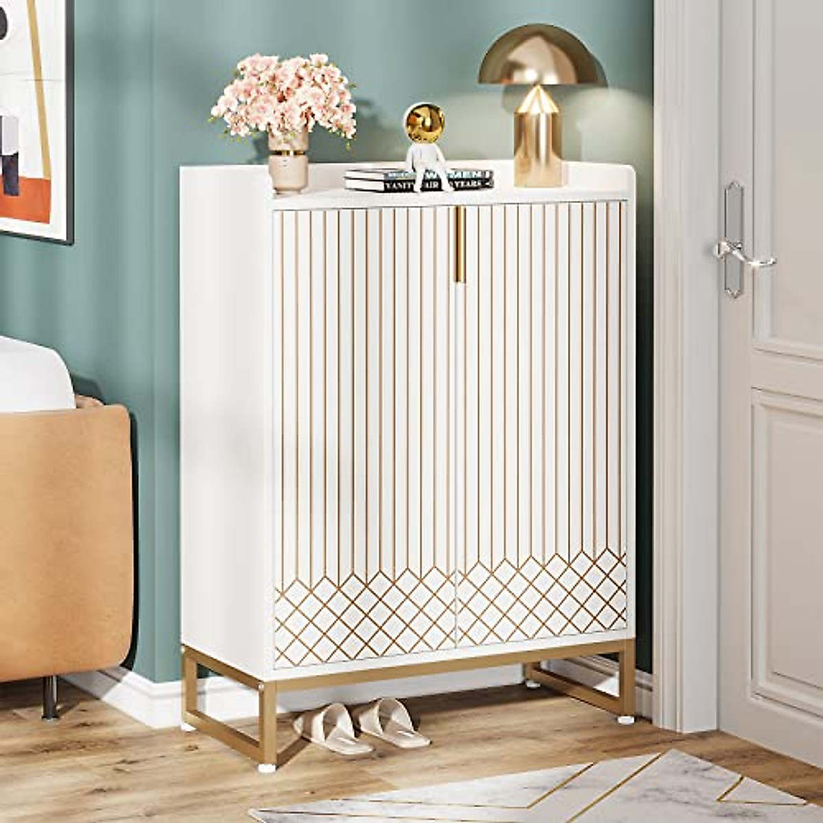 Tribesigns White Shoe Cabinet, 25 Pair Shoe Cabinets with Doors, 5-Tier Modern Shoe Rack Organizer Cabinet, Freestanding Wood Shoe Storage Cabinet with Gold Metal Frame for Bedroom Hallway Living Room