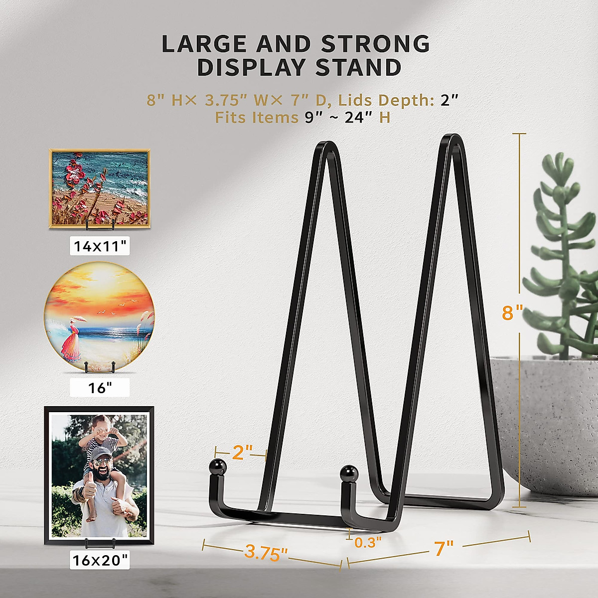 IPAME 4 Pack 8 Inch Large Plate Stands for Display - Metal Square Wire Plate Holder Display Stand + Picture Stand for Book, Platter, Plaque, Photo Easel