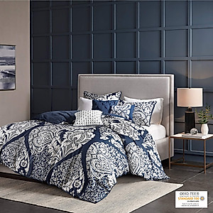 Madison Park Vienna Cotton Poly Blend Duvet Set - Classic Traditional Design, Cozy All Season Comforter Cover, Matching Shams, Decorative Pillows Vienna, King/Cal King(104"x92"), Indigo 6 Piece