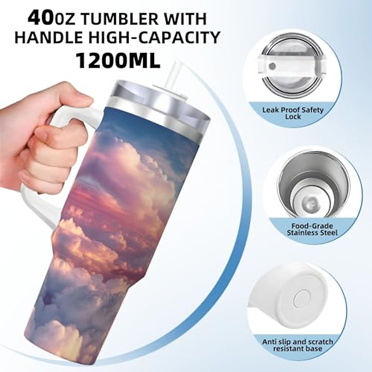 HULIBIN Beautiful Clouds Print Double Deck Stainless Steel Travel Coffee Cup With Lid 40 Oz Ice Bully Cup