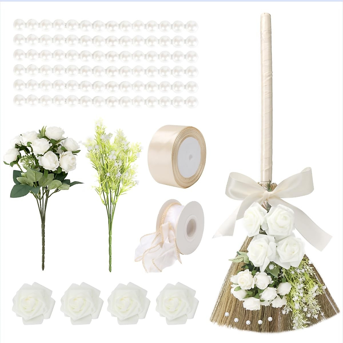 Wedding Broom for Jumping Ceremony, Jumping The Broom for Wedding, Decorative Broom DIY with Ribbons Artificial Pearl Roses