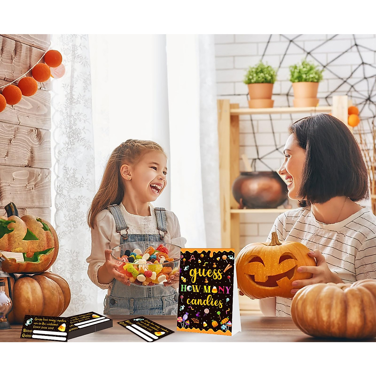 BIZIBAFF Halloween Guess How Many Candies Game Halloween Candy Party Game for Adults Women 50 Candies Guessing Game Cards Halloween Baby Shower Party Game Decoration Halloween Party Favors Supplies