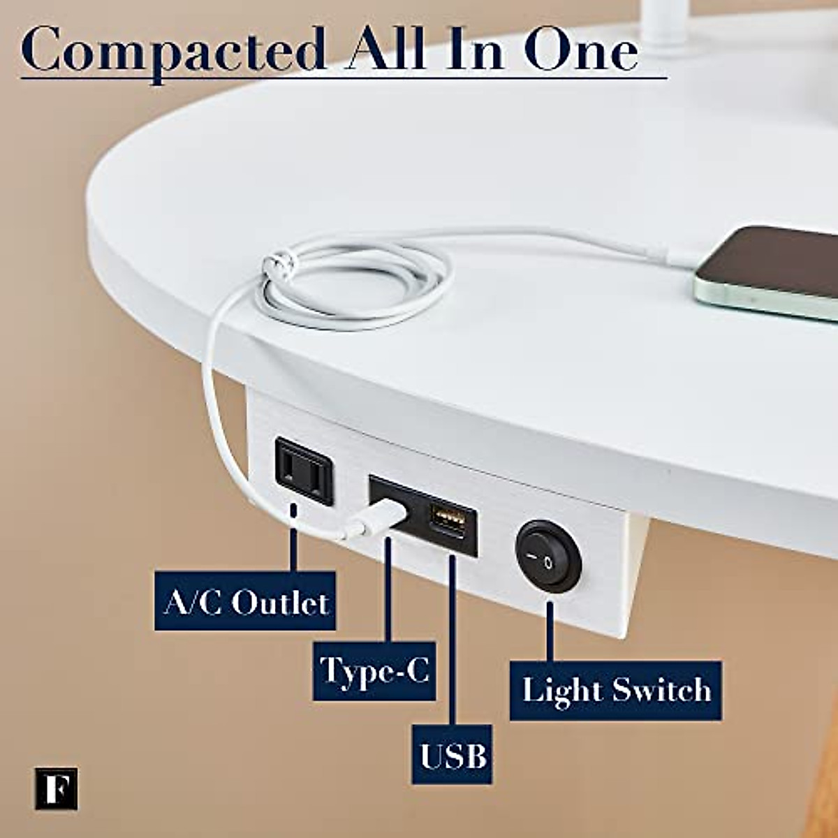 FENLO Future Oval - 45.5" Mid-Century Desk with Charging Station, Home Office Desk with USB, USB-C, and Power Outlet, Smart Work Table for Home Office, Round Table with USB Charging (White)