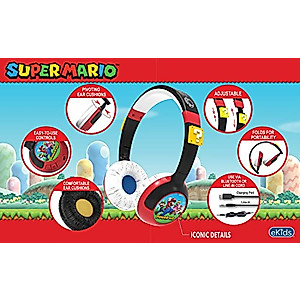 eKids Super Mario Kids Bluetooth Headphones, Wireless Headphones with Microphone Includes Aux Cord, Volume Reduced Kids Foldable Headphones for School, Home, or Travel