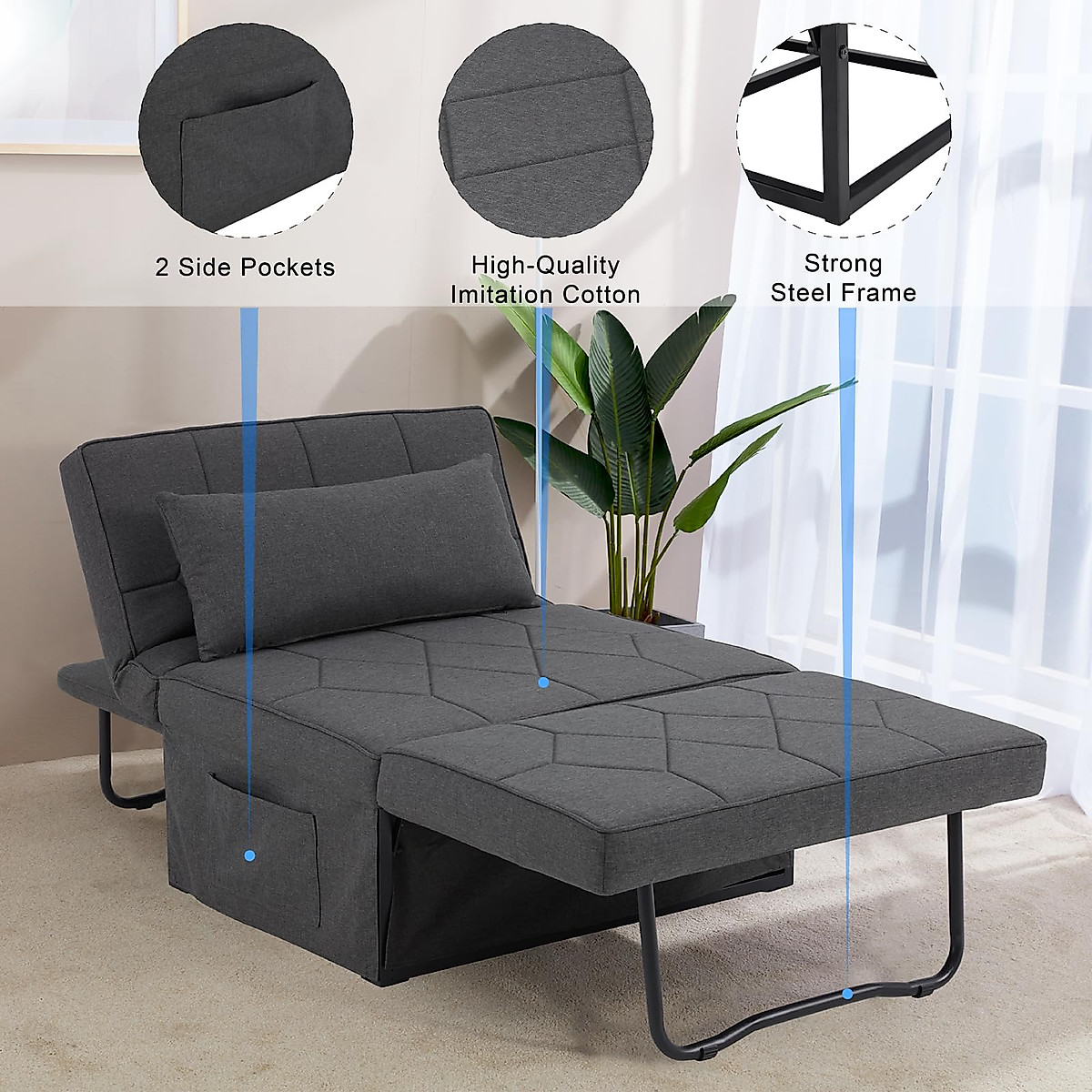 Mdeam Upgraded Sleeper Chair Bed Sofa Bed 4 in 1 Multi-Function Folding Ottoman Bed with Adjustable Backrest for Small Apartment/Living Room,No Installation(Dark Gray)