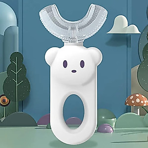 lewedo Kids U-Shaped Toothbrush 2 Pcs, 360 All Around U Shaped Toothbrush, Liquid Silicone U-Shaped Cartoon Kids Brush for Age 2-6, Brown & White