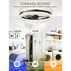 ERYAHRT Low Profile Ceiling Fan with Light Remote Control, Semi Flush Mount Ceiling Fans with 5 Invisible Blades, Dimmable Led Ceiling Fan Reversible Blades Timing, Black