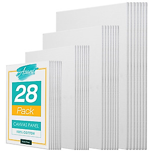 Asani Pre-primed Painting Canvas Panels, 28 Boards Multi-Pack, 5 x 7, 8 x 10, 9 x 12, and 11 x 14, White Cotton Canvases for Acrylic, Oil, Gouache, Tempera Paint, Art Gift for Kids, Adults, Beginners